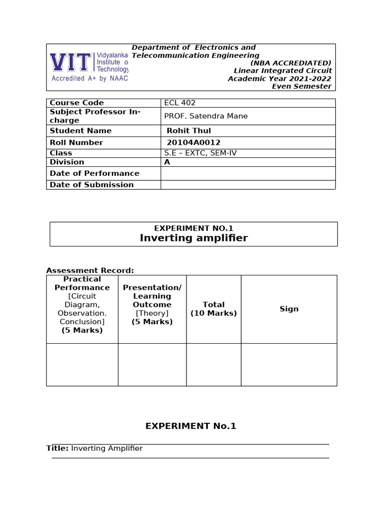 MKN - LIC - Lab Format-Inverting Amplifier - Rohit | PDF