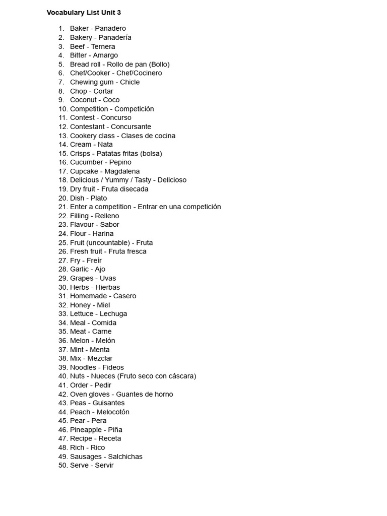 Vocabulary List Unit 3 | PDF