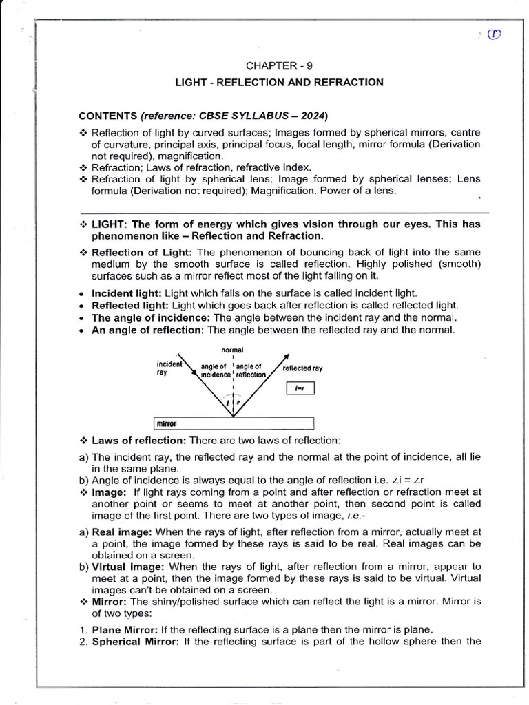 Reflection and Refraction of Light Revision at Glance | PDF | Mirror ...