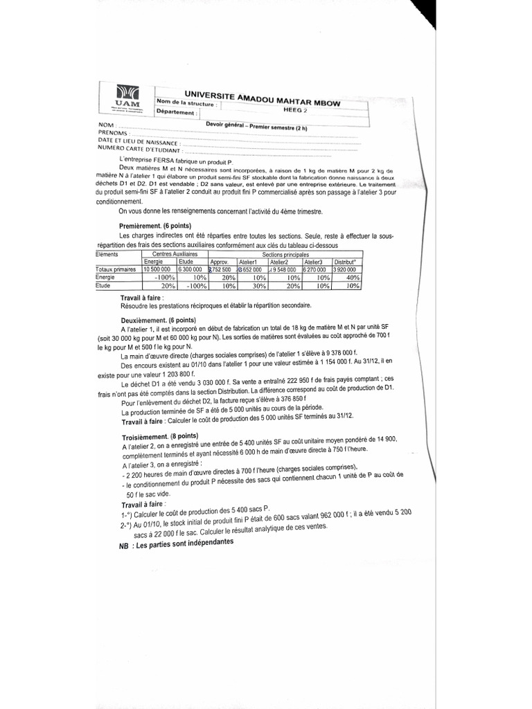Devoir Compta de Gestion 2022-2023 | PDF