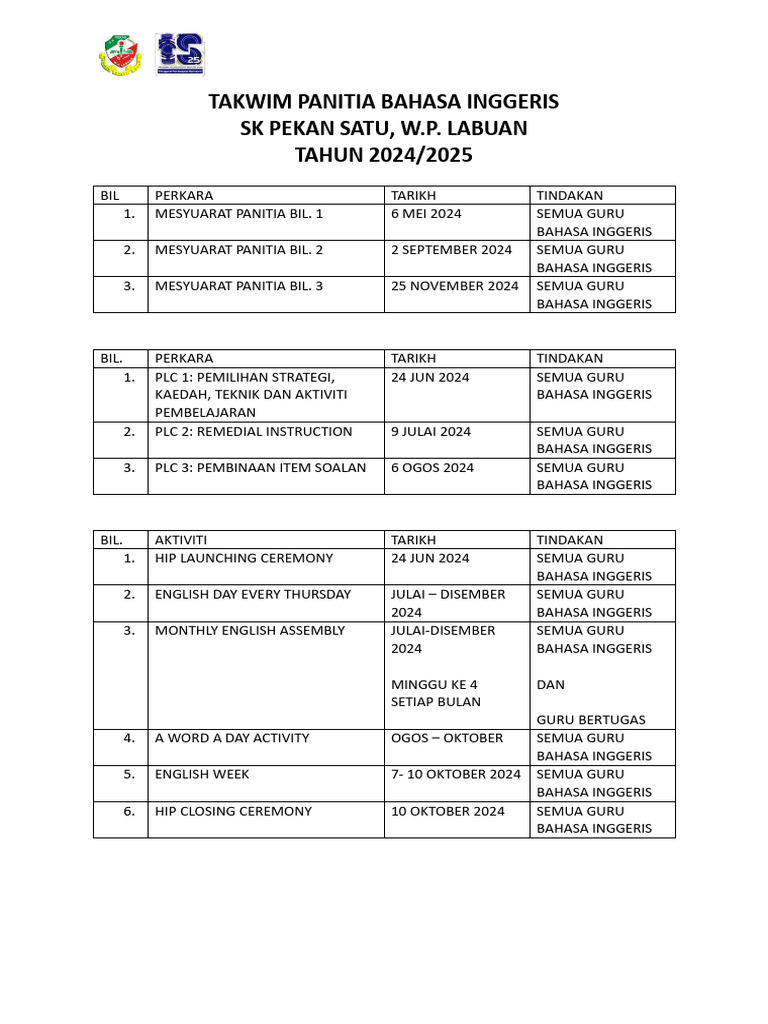 Takwim Panitia Bahasa Inggeris | PDF