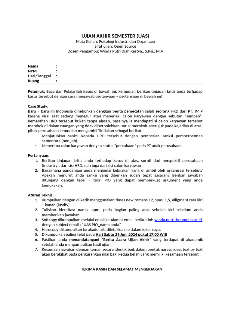 UAS Psikologi Industri: Kasus HRD dan Karyawan | PDF