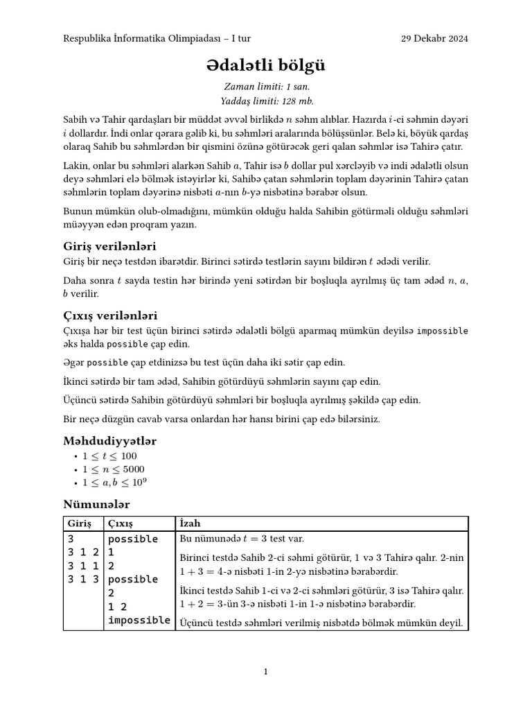 Ədalətli Bölgü: Giriş Verilənləri | PDF