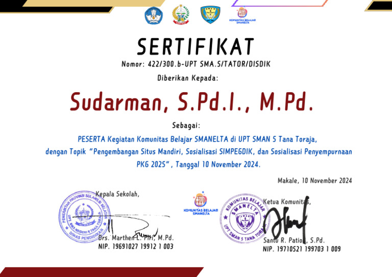 Sertifikat Kombel 10 November 2024 Sudarman, S.pd.I., M.PD | PDF