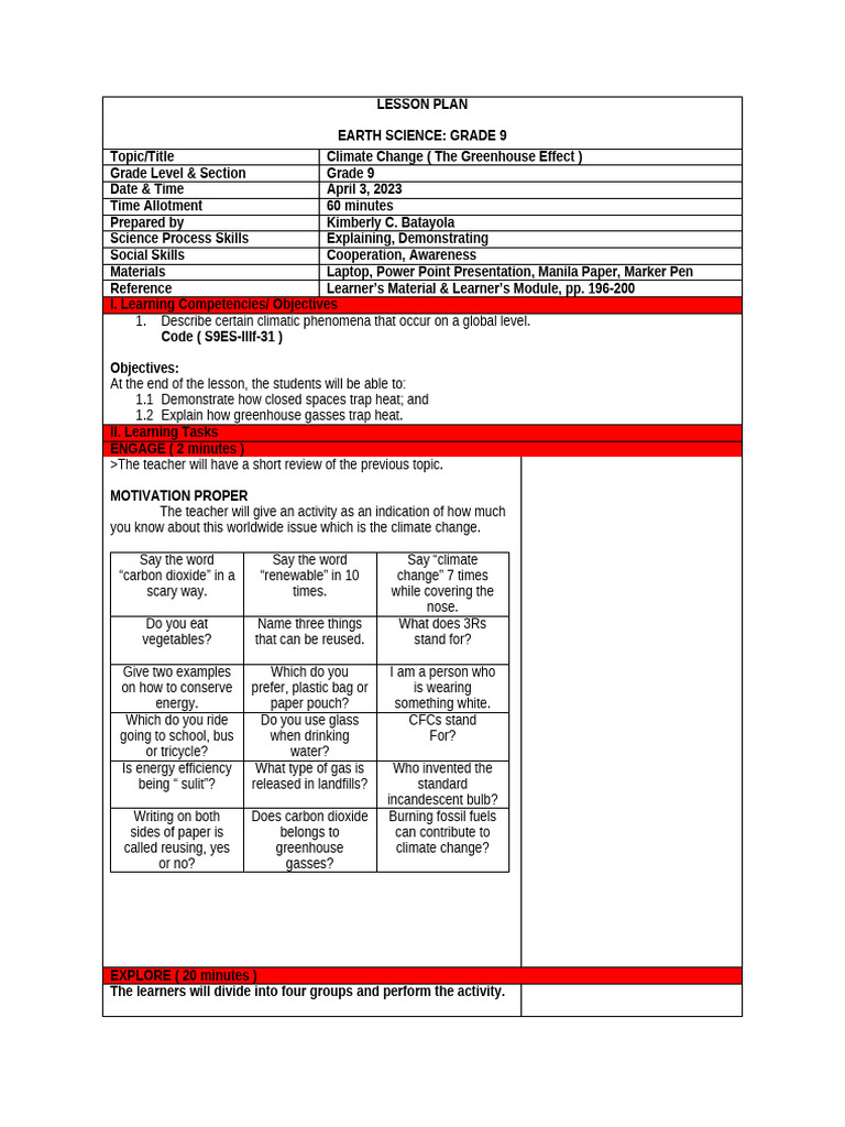 5E'S LESSON PLAN CLIMATE CHANGE Part 2 Kim | PDF | Greenhouse Effect ...
