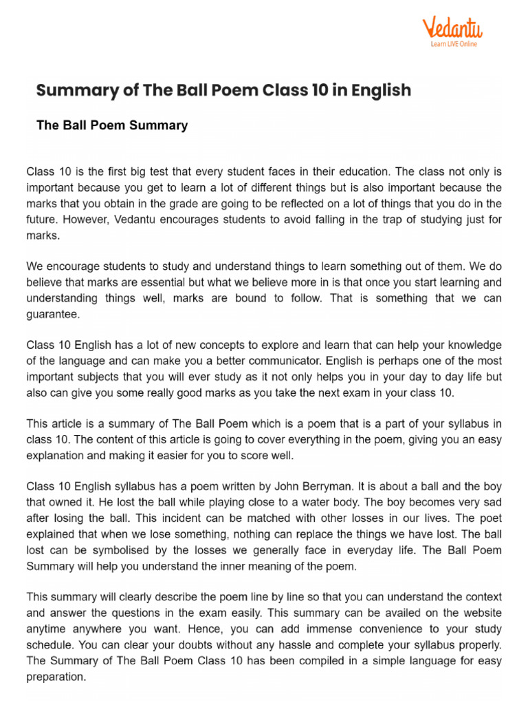 Summary of The Ball Poem Class 10 in English | PDF