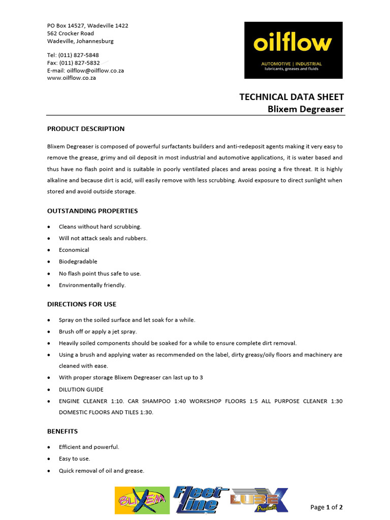 Oilflow TDS Blixem Degreaser | PDF | Materials