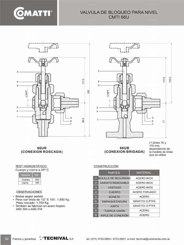 51 - Valv. de Bloqueo para Indicador de Nivel Mod. 66U | PDF