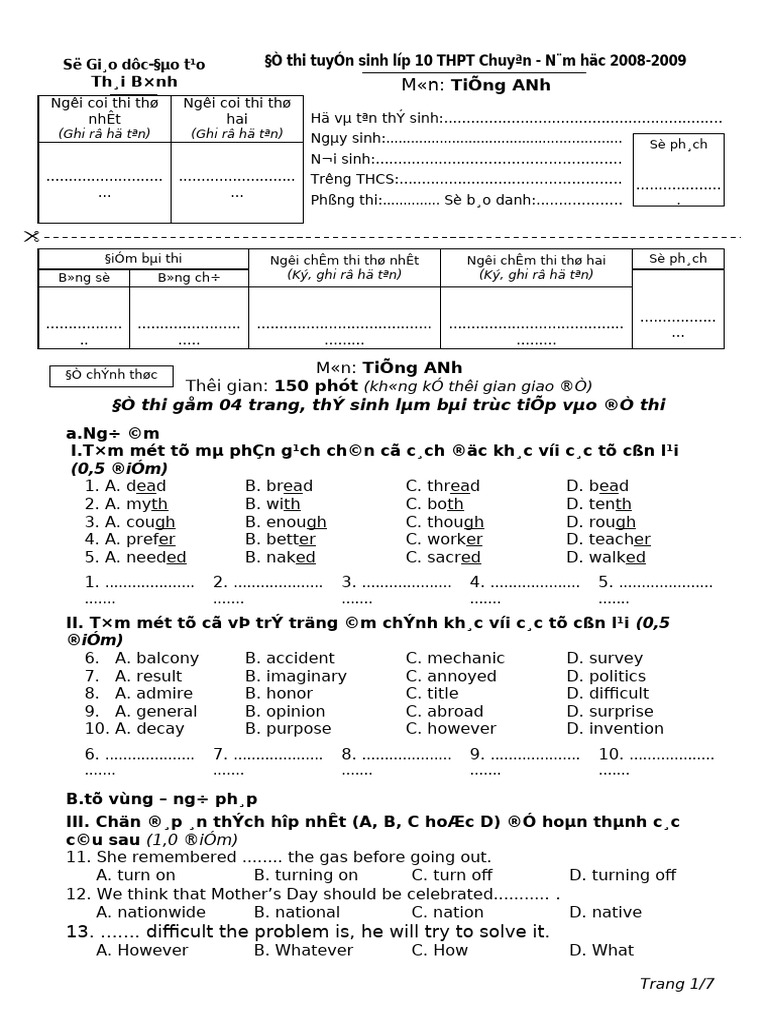 De Va Dap An Thi Chuyen Tieng Anh Thai Binh 0809 | PDF