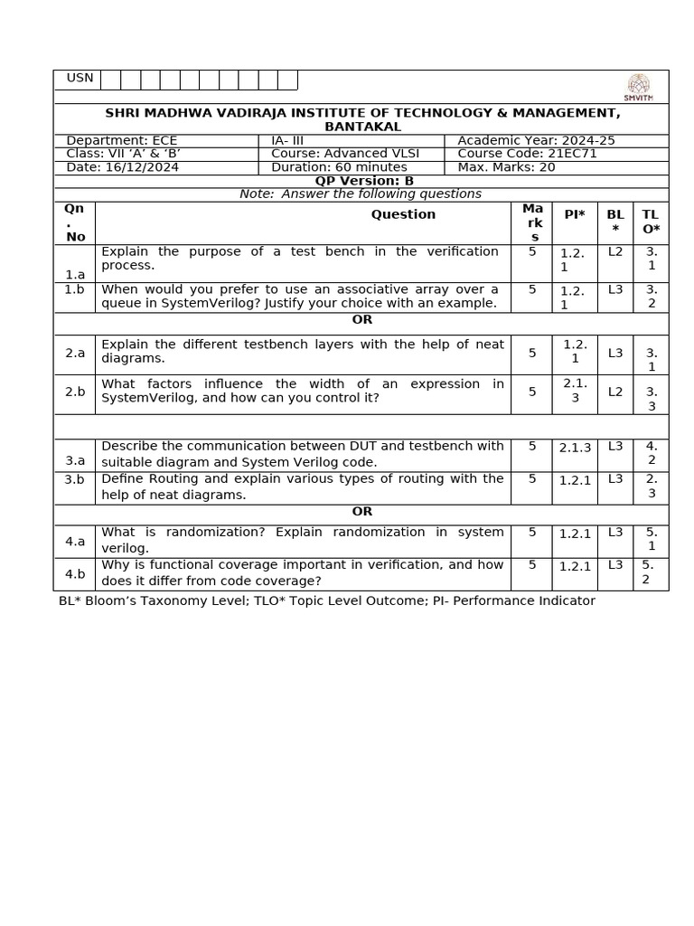 Advanced VLSI Question Paper 2024-25 | PDF | Software Engineering ...