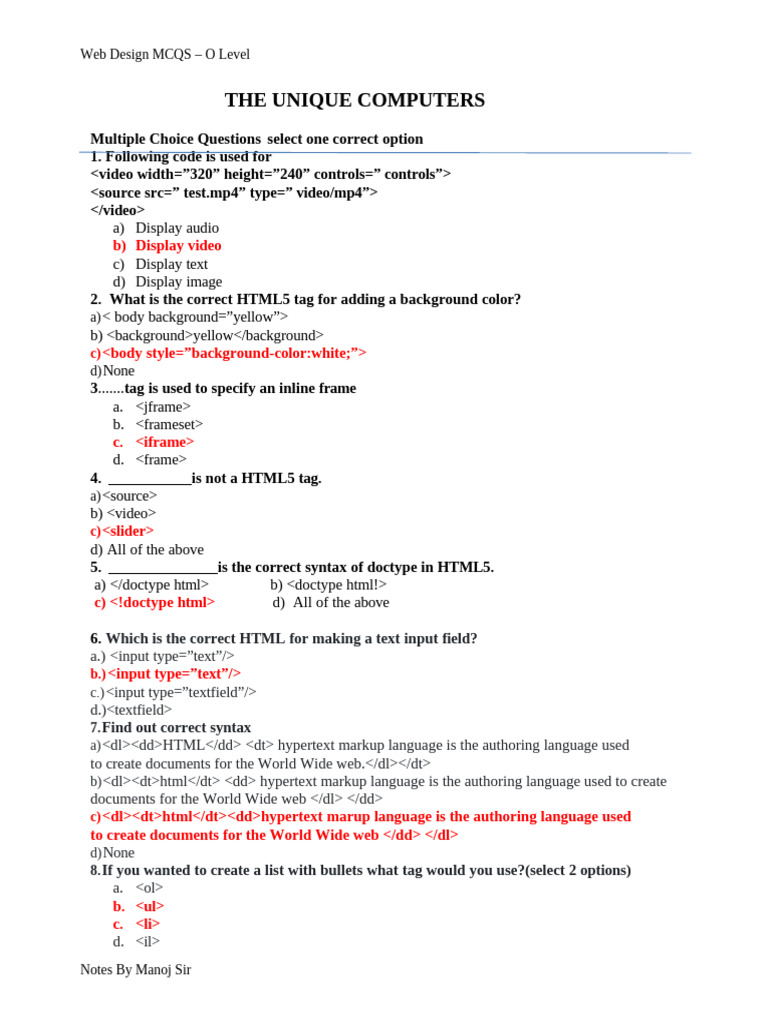 MCQ Based On Lesson1 Advanced Web Designing | PDF | Html Element | Html