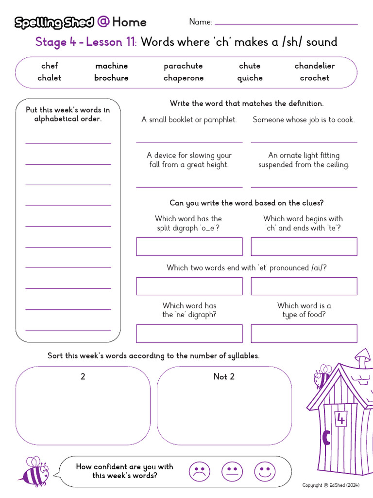 Stage 4 Lesson 11 words where ch makes a sh sound - Homework Sheet | PDF