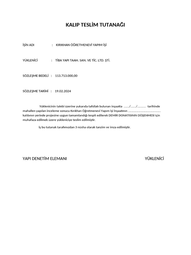 Kalip Tesli̇m Tutanaği | PDF