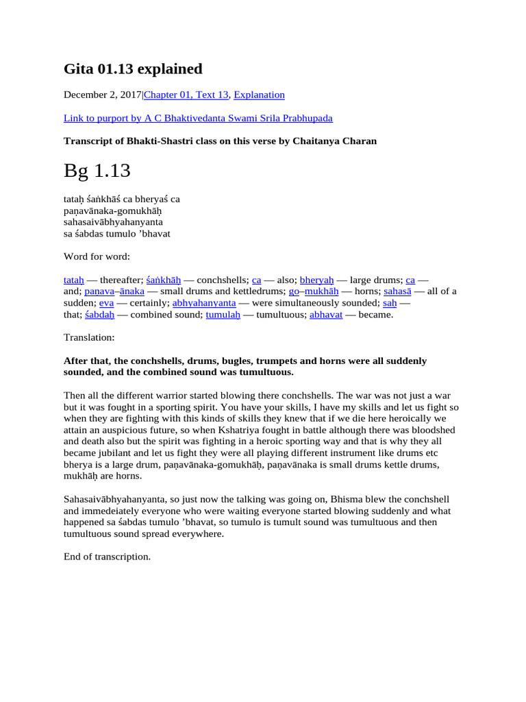Gita 01. 13 explanation from Bhakti Sastri Class | PDF