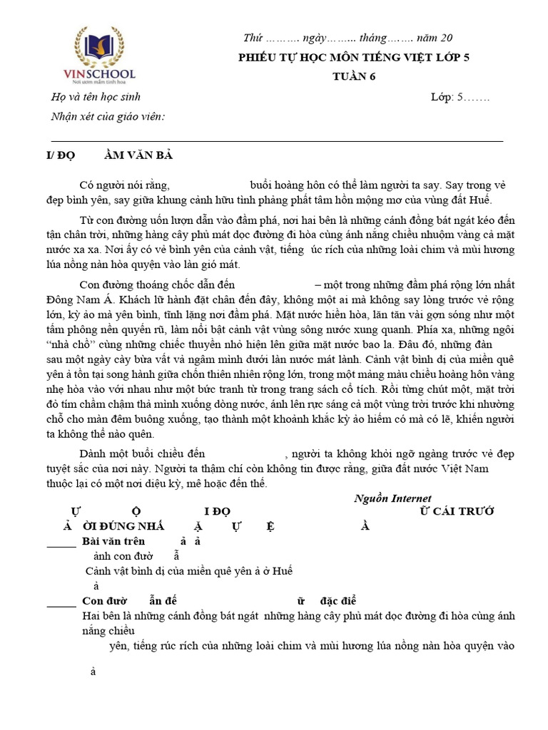 K5_Phieu cuoi tuan TV_Tuan 6 | PDF