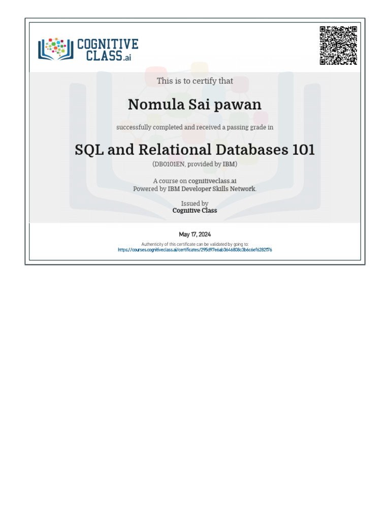 IBM DB0101EN Certificate _ Cognitive Class | PDF