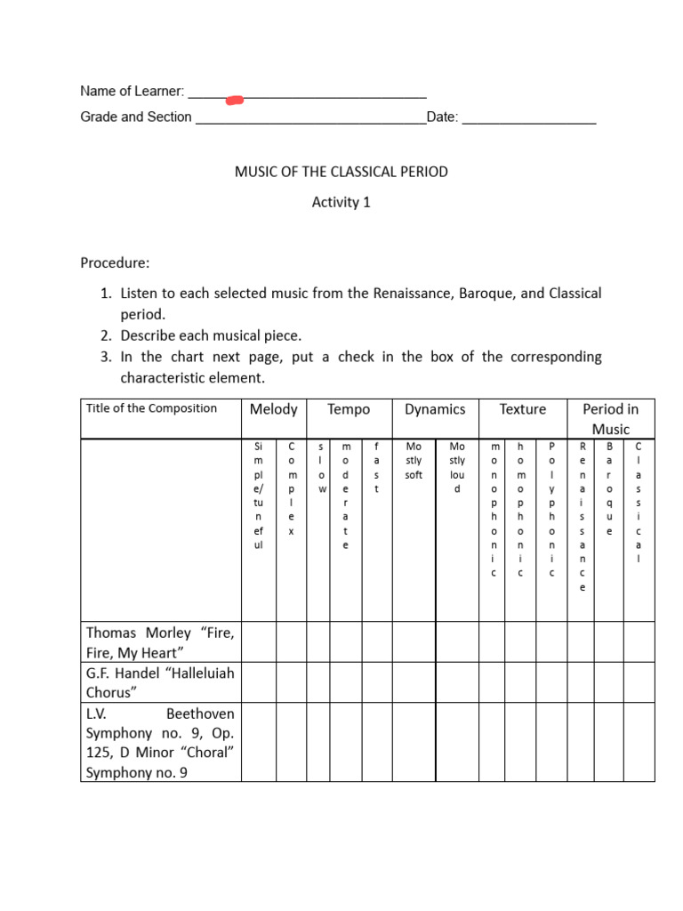 MUSIC Activities | PDF | Classical Period (Music) | Songs