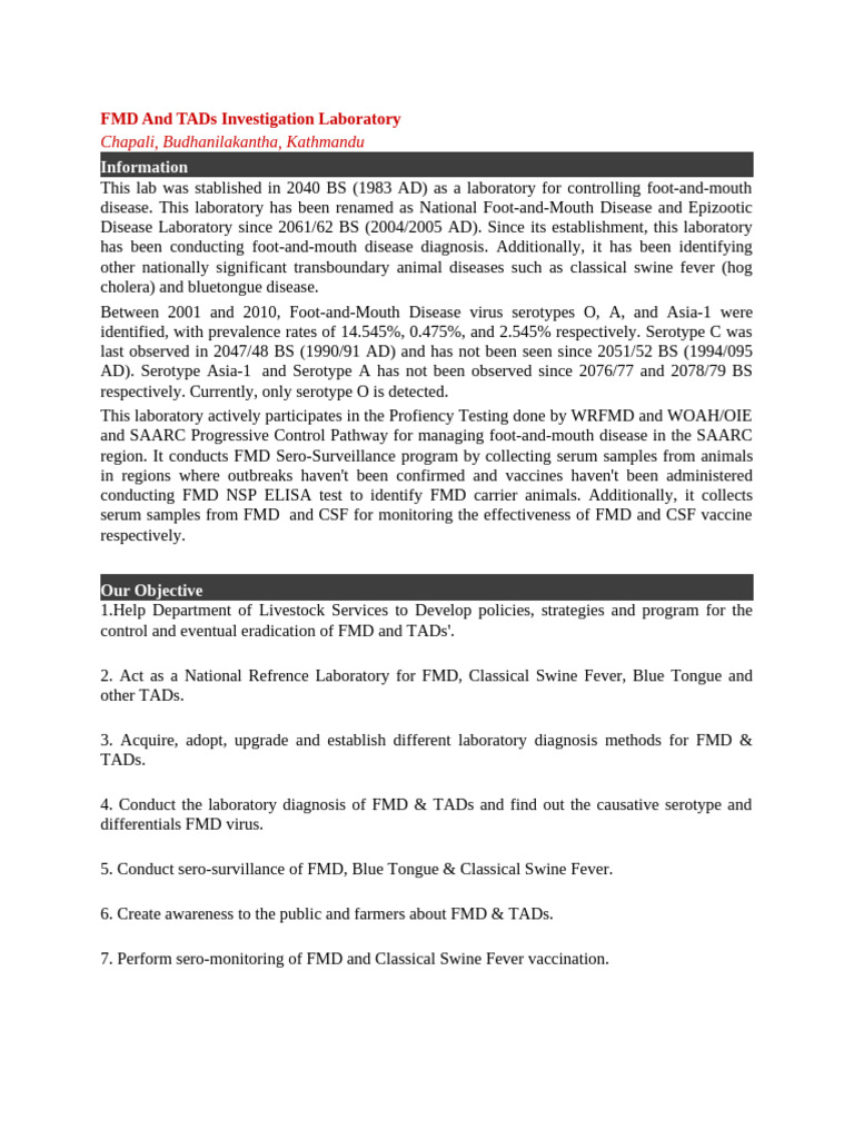 TADS & FMD LAB | PDF | Medical Specialties | Microbiology