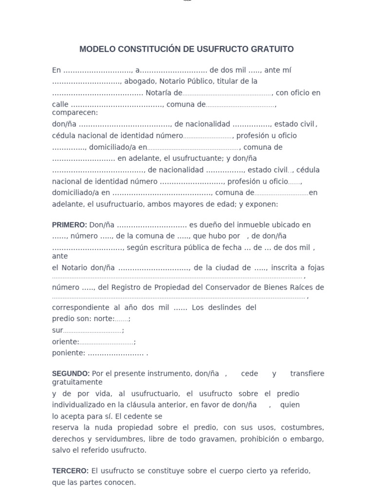Modelo Constitucion de Usufructo Gratuito | PDF | Propiedad | Justicia