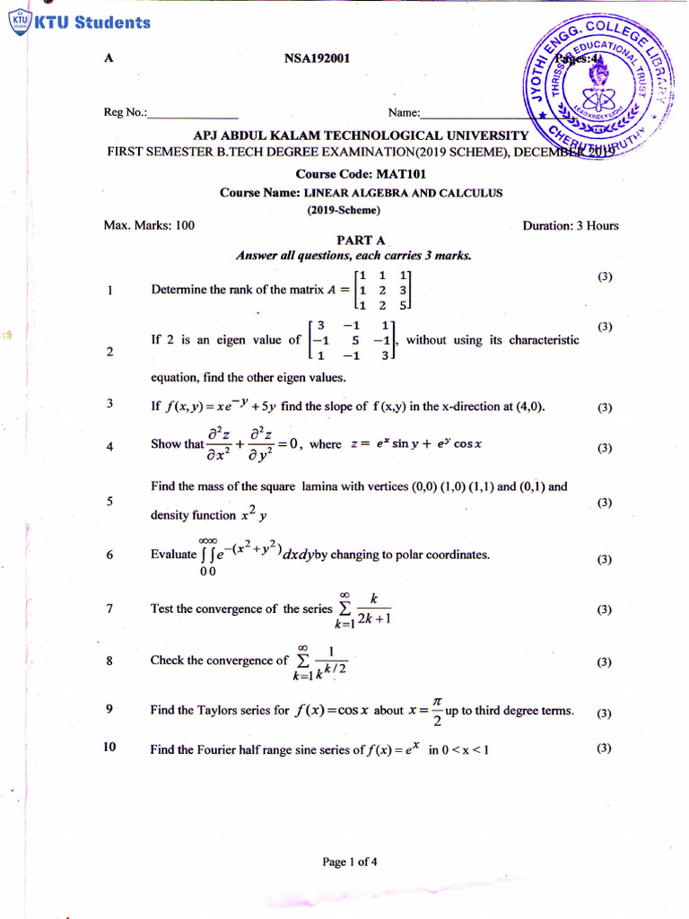 MAT101 Linear Algebra and Calculus, December 2019 | PDF | Functions And ...