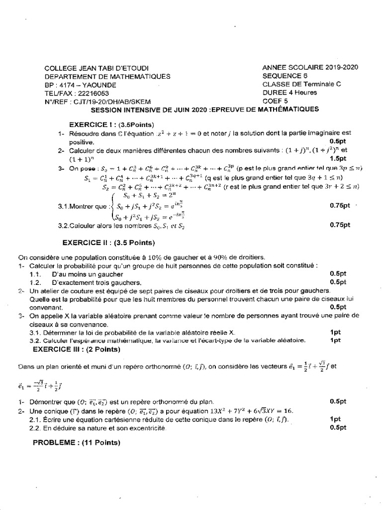 TleC Maths Baccalaureat Blanc College Jean Tabi Juin 2020 | PDF