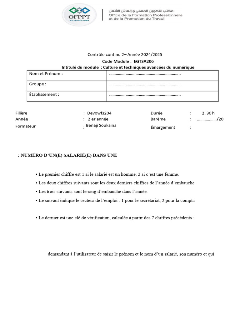 Contrôle continu EGTSA206 : Numérique 2024 | PDF | Microsoft Excel ...