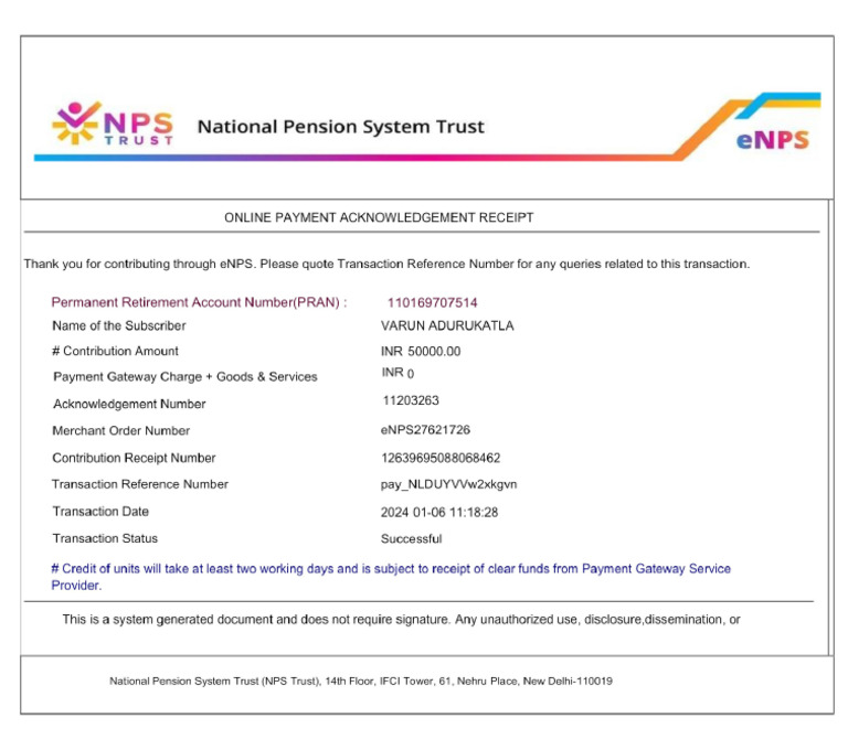 Nps Payment Receipt | PDF
