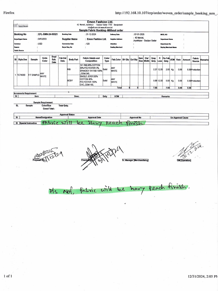 SAMPLE FABRIC BOOKING | PDF