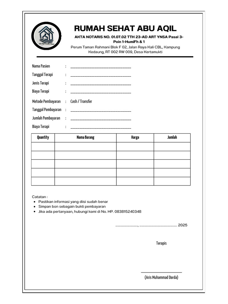 Nota Pembayaran Rumah Sehat Abu Aqil (3) | PDF