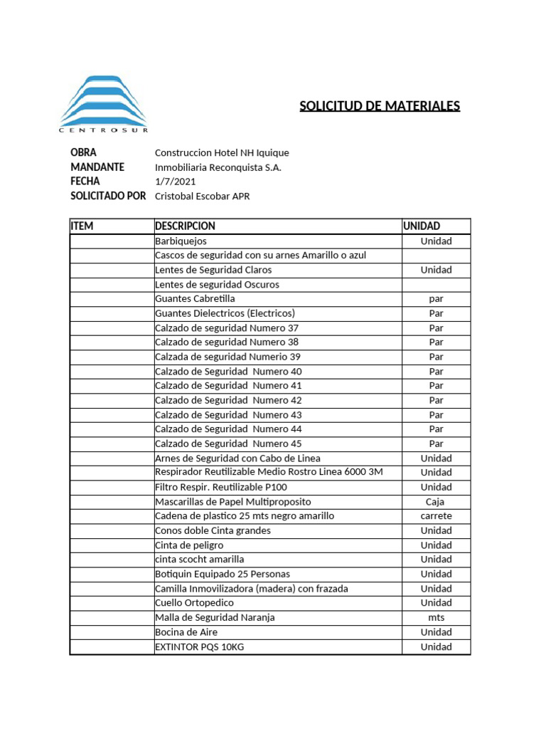 Pedido de Materiales EPP | PDF | Equipo de protección personal