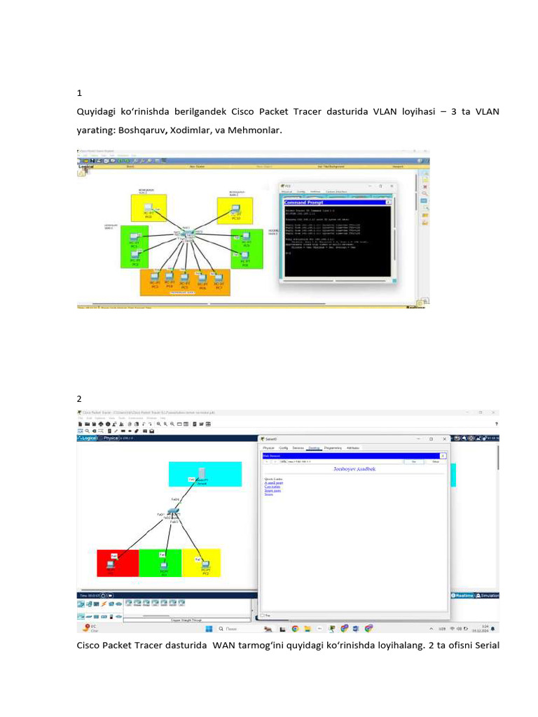 1 Quyidagi Ko Rinishda Berilgandek Cisco Packet Tracer Dasturida VLAN Loyihasi - 3 Ta VLAN ...