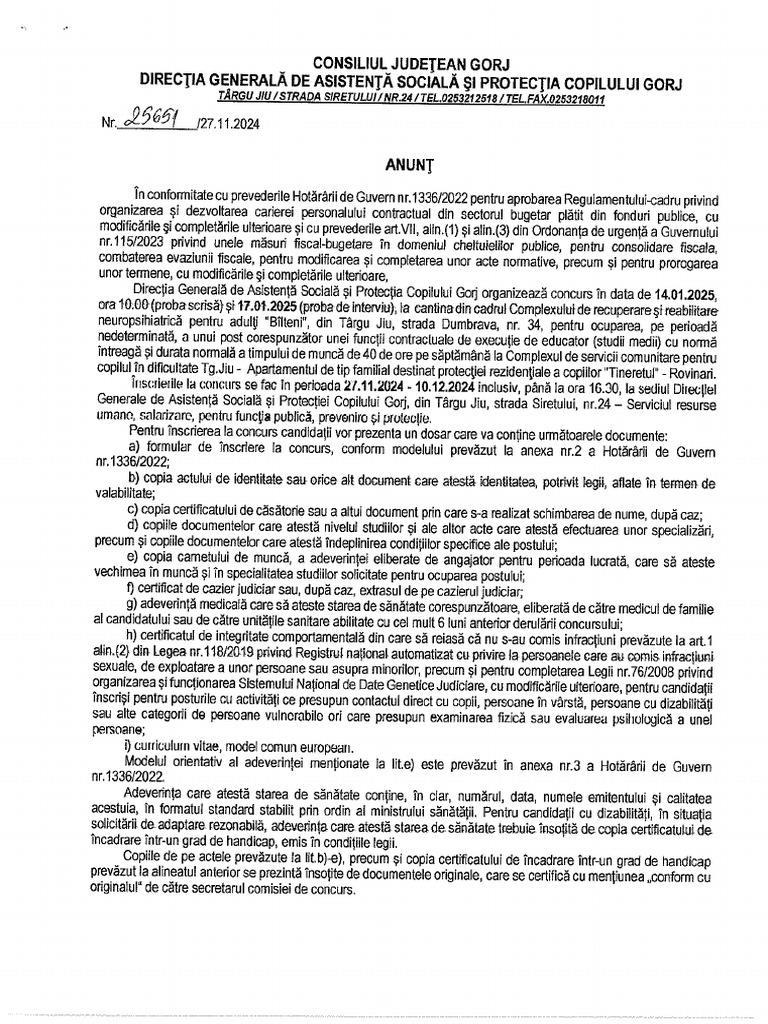 Anunt Concurs Educator Studii Medii CSCCD TG Jiu in 14.01.2025 | PDF