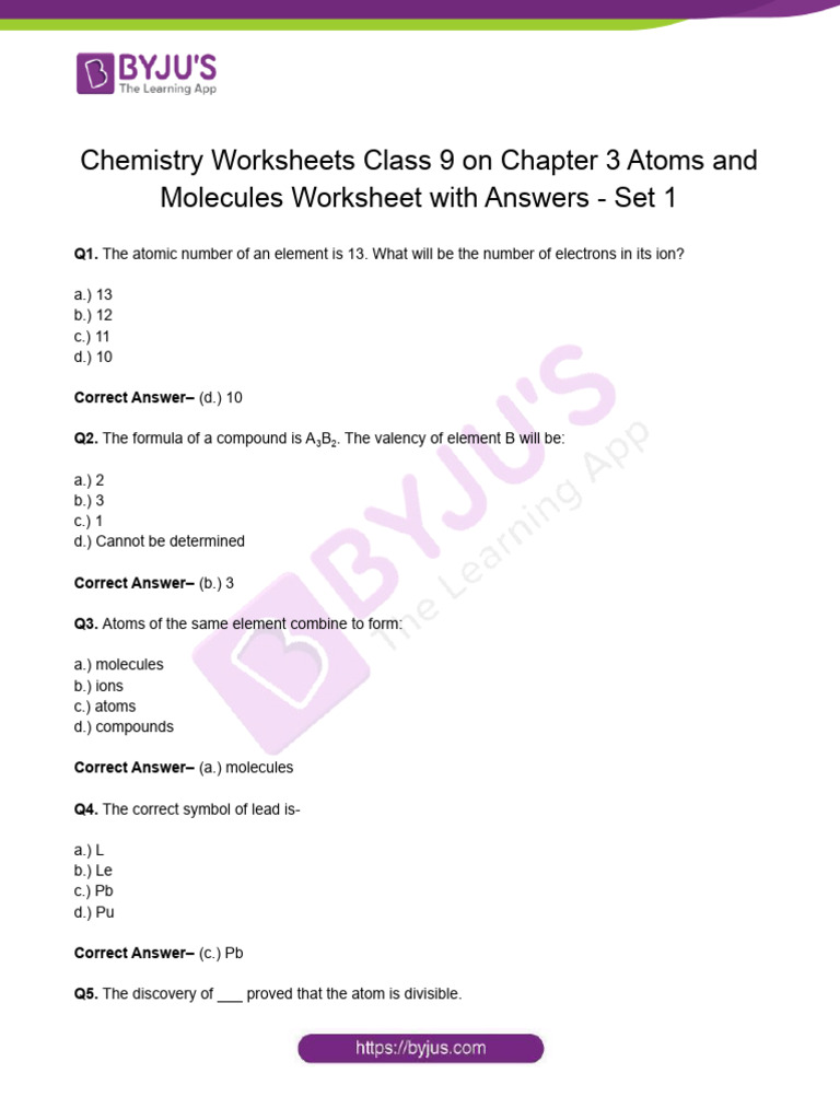 Chapter 3 Atoms and Molecules Worksheet With Answers Set 1 | PDF | Ion ...