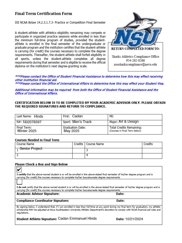 NCAA Final Term Certification Form | PDF | Higher Education | Academia