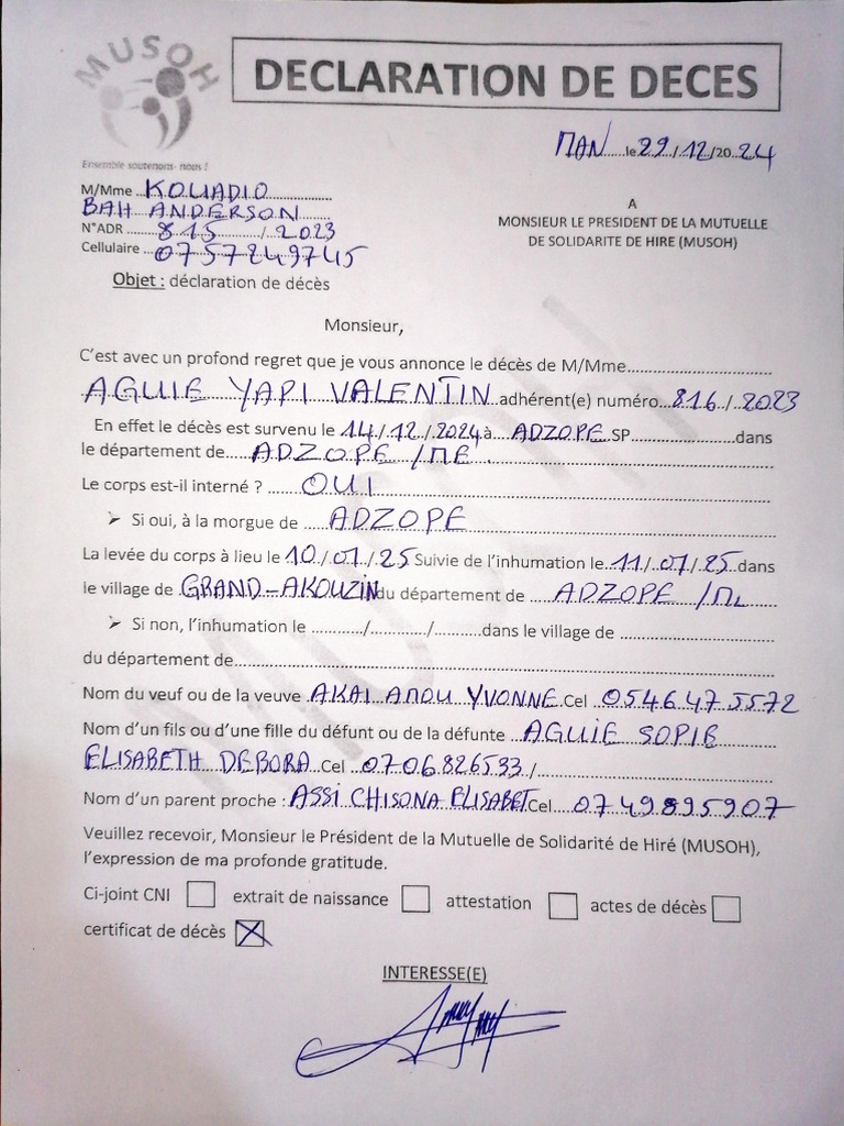 Musoh - Déclaration de Décès | PDF