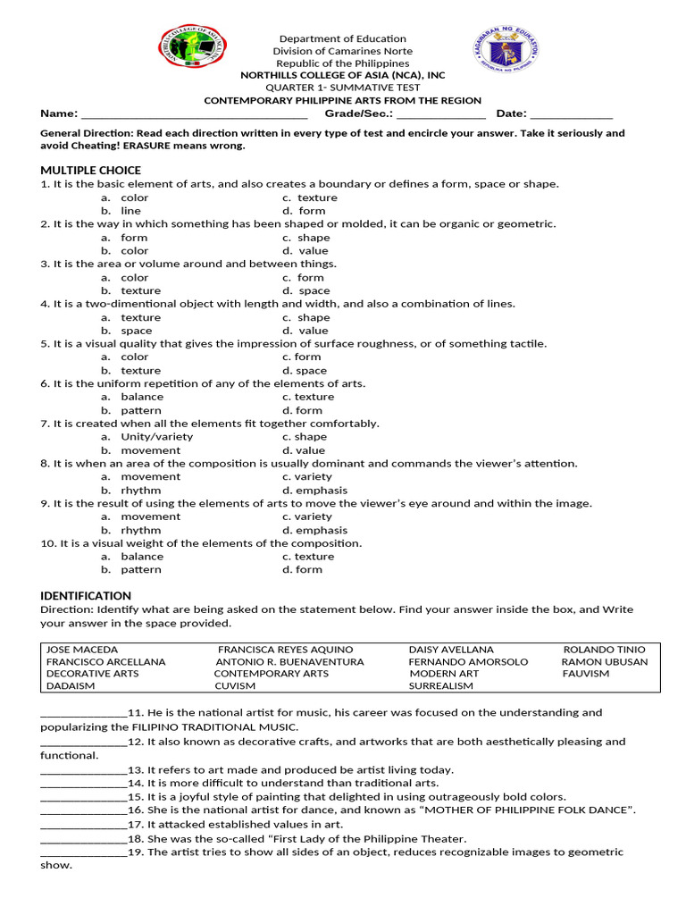 Contemporary 1ST Quarter Exam | PDF | Composition (Visual Arts) | The Arts