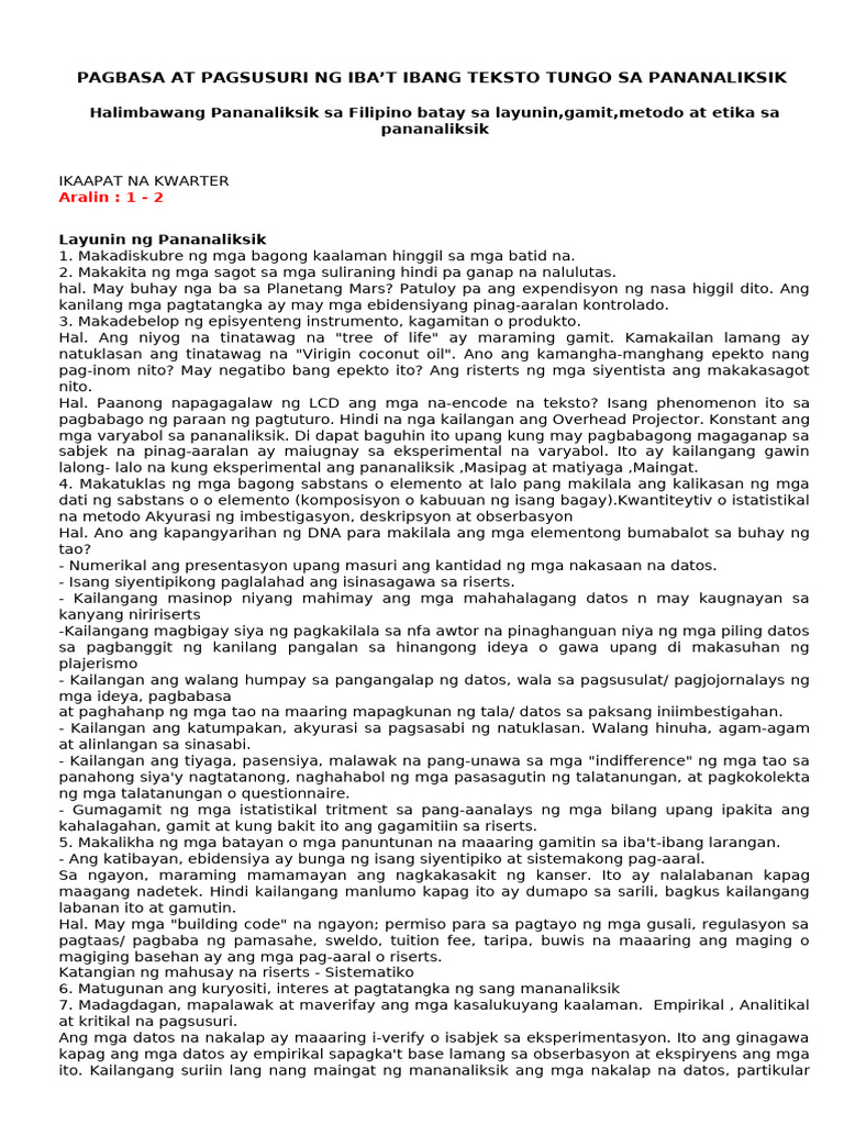 Q4 PAGBASA AT PAGSUSURI Aralin 1 2 | PDF