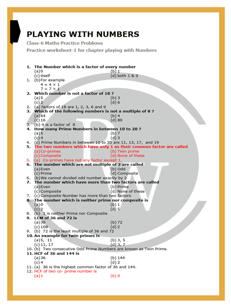 Class-6 Maths Practice Problems Practice Worksheet-1 For Chapter ...
