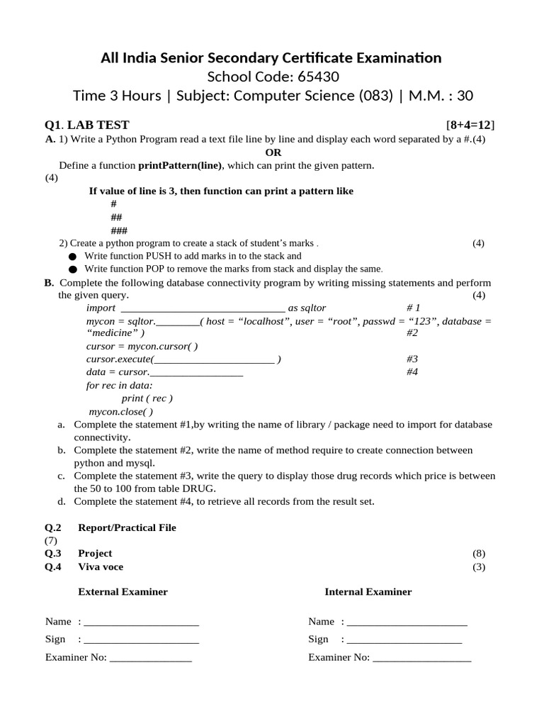 AISSCE-Computer-Science-PRACTICALS-QP-1.docx 12 | PDF | Databases | Computer Data