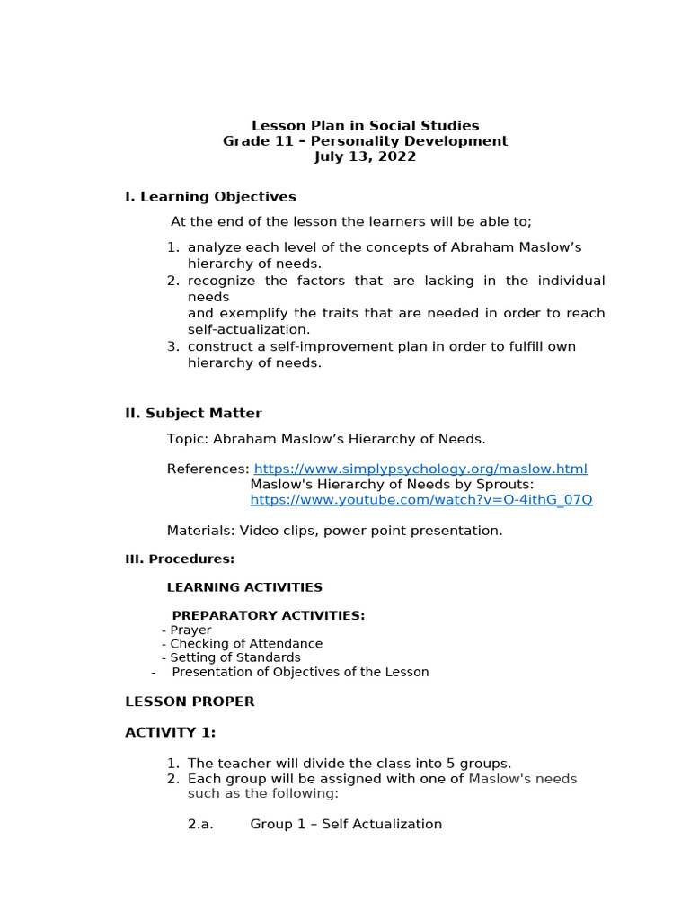 CORRECTED Abraham Maslows Hierarchy of Needs Lesson Plan - Isidoro ...
