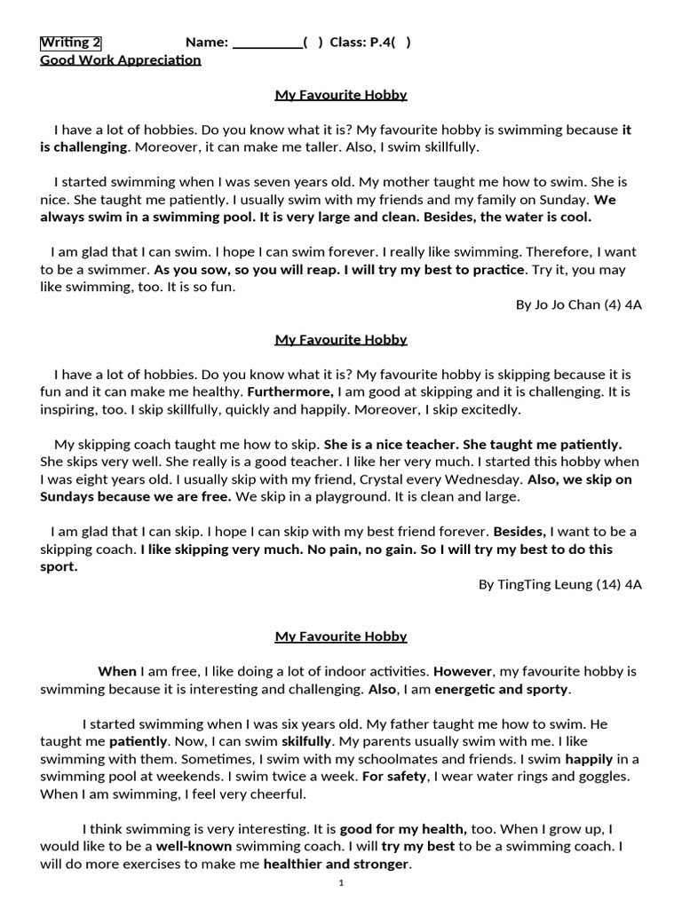 P.4 Writing 2 (My Favourite Hobby) | PDF | Hobbies