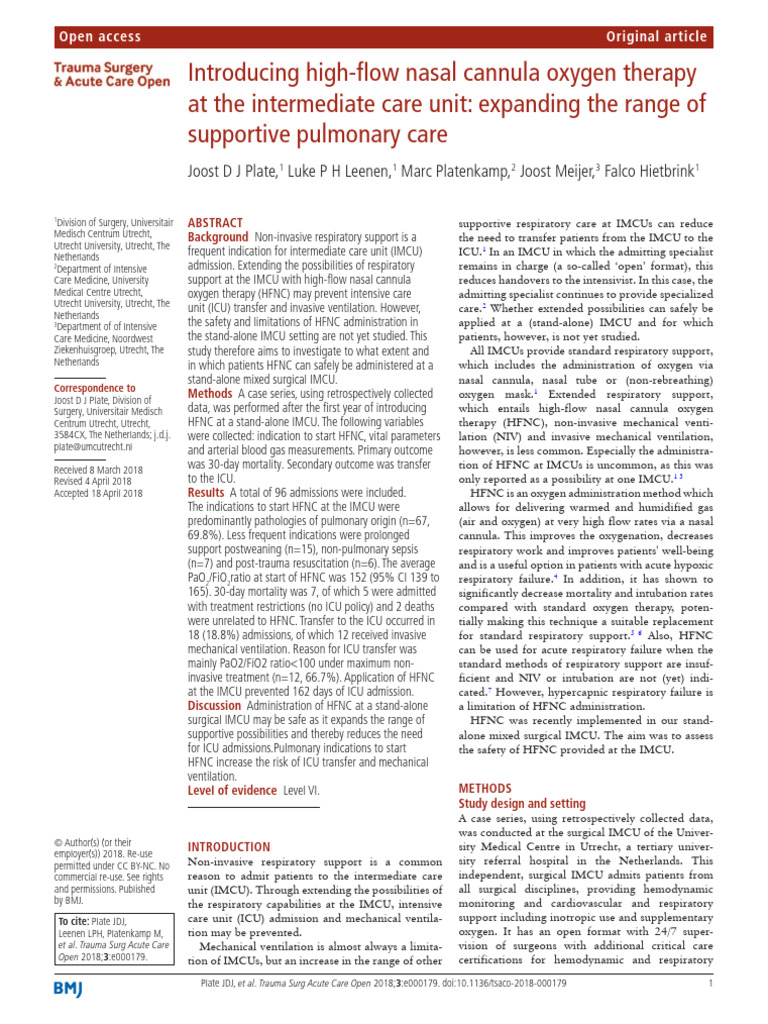 Introducing High Flow Nasal Cannula Oxygen Therapy at The Intermediate ...