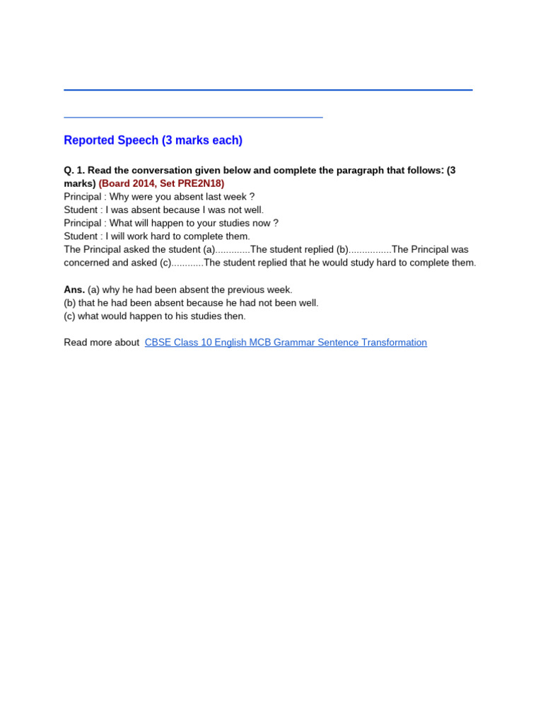 CBSE Class 10 English MCB Grammar Sentence Transformation | PDF