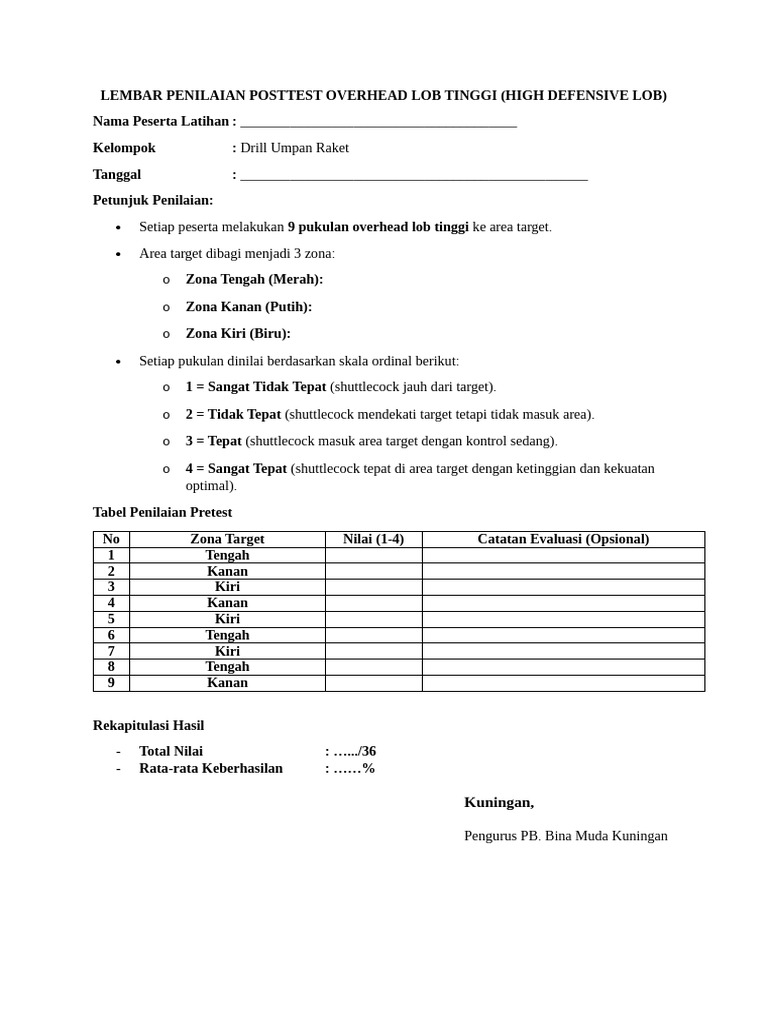 Penilaian Overhead Lob Tinggi Badminton | PDF