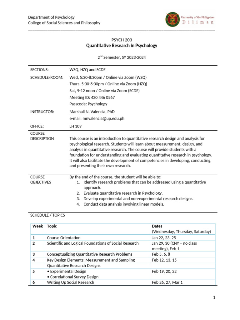 PSYCH 203: Quantitative Research Course | PDF | Methodology | Data Analysis