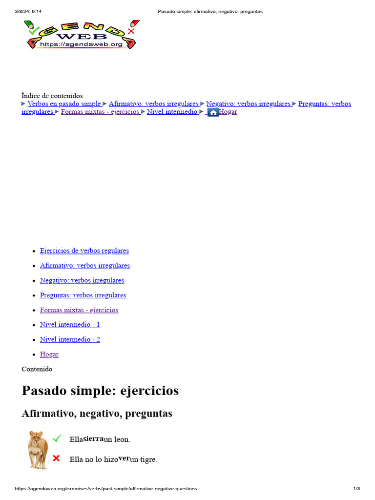Pasado Simple Afirmativo Negativo Preguntas Ejercicio 1 Pdf