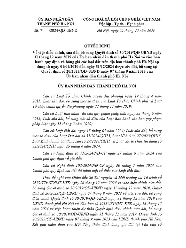 Bang Gia Dat Ha Noi 2025 So 71 - 2024 - QD UBND | PDF