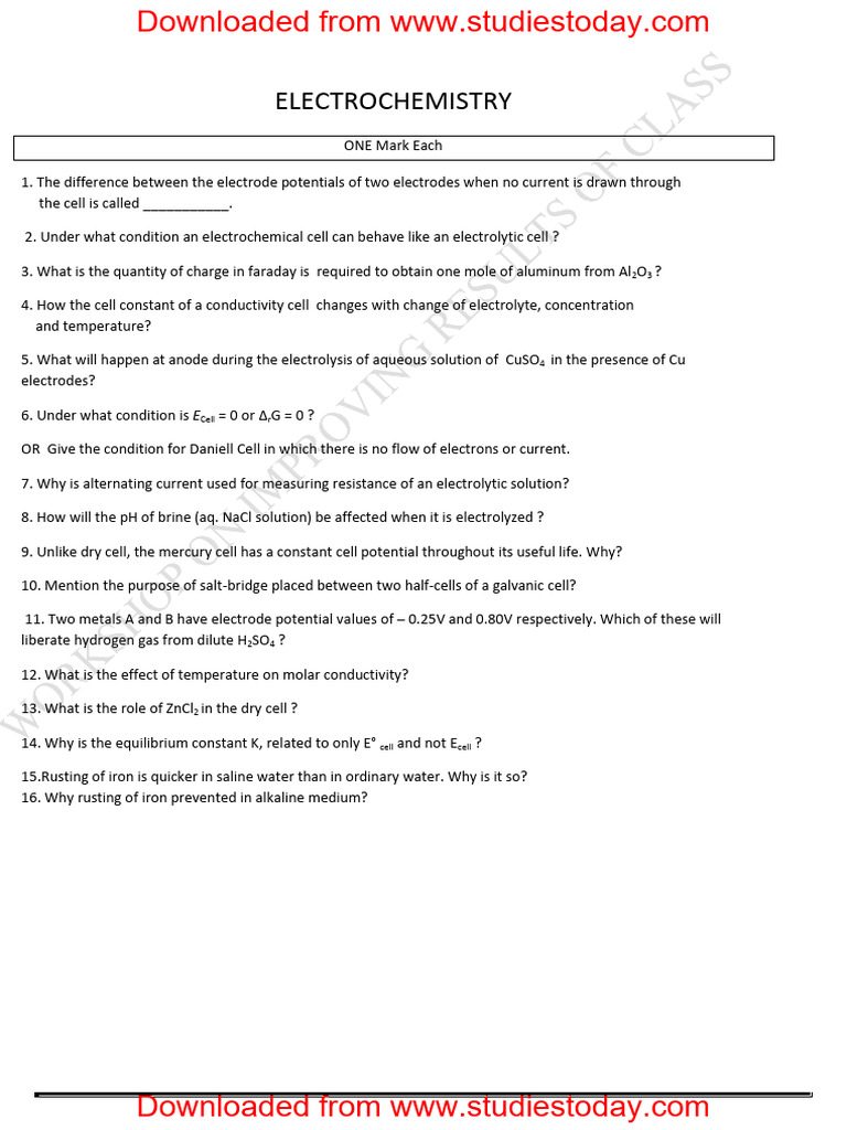 CBSE Class 12 Chemistry Electrochemistry | PDF | Electrochemistry | Redox