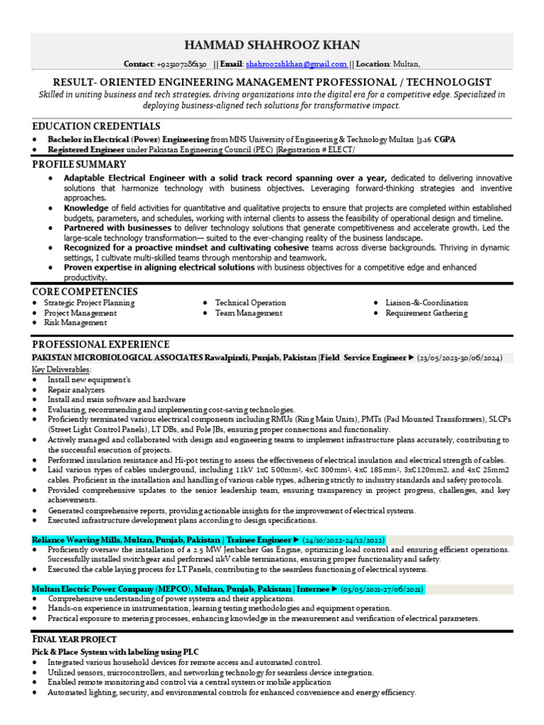 Hammad Shahrooz Khan Resume | PDF | Engineering