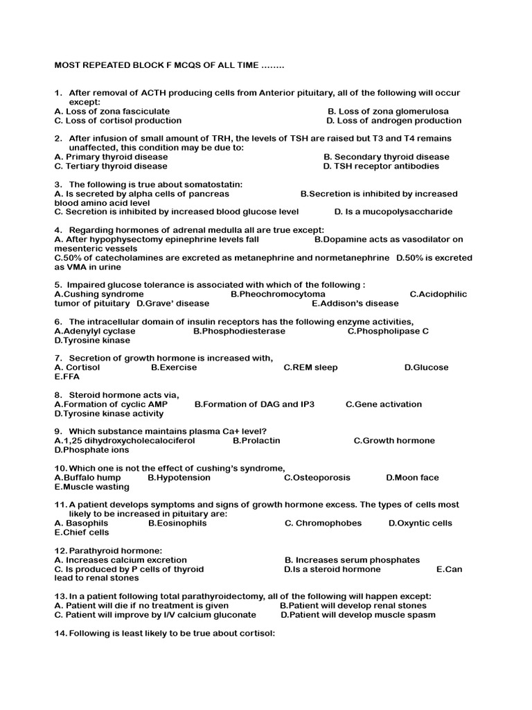 block F most repeated mcqs | PDF | Adrenal Gland | Cortisol